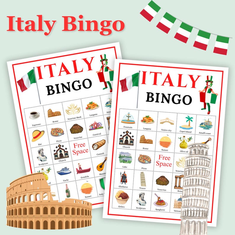 Italy Travel Bingo – 50 Italian Bingo Cards, Travel Game, Italy ...