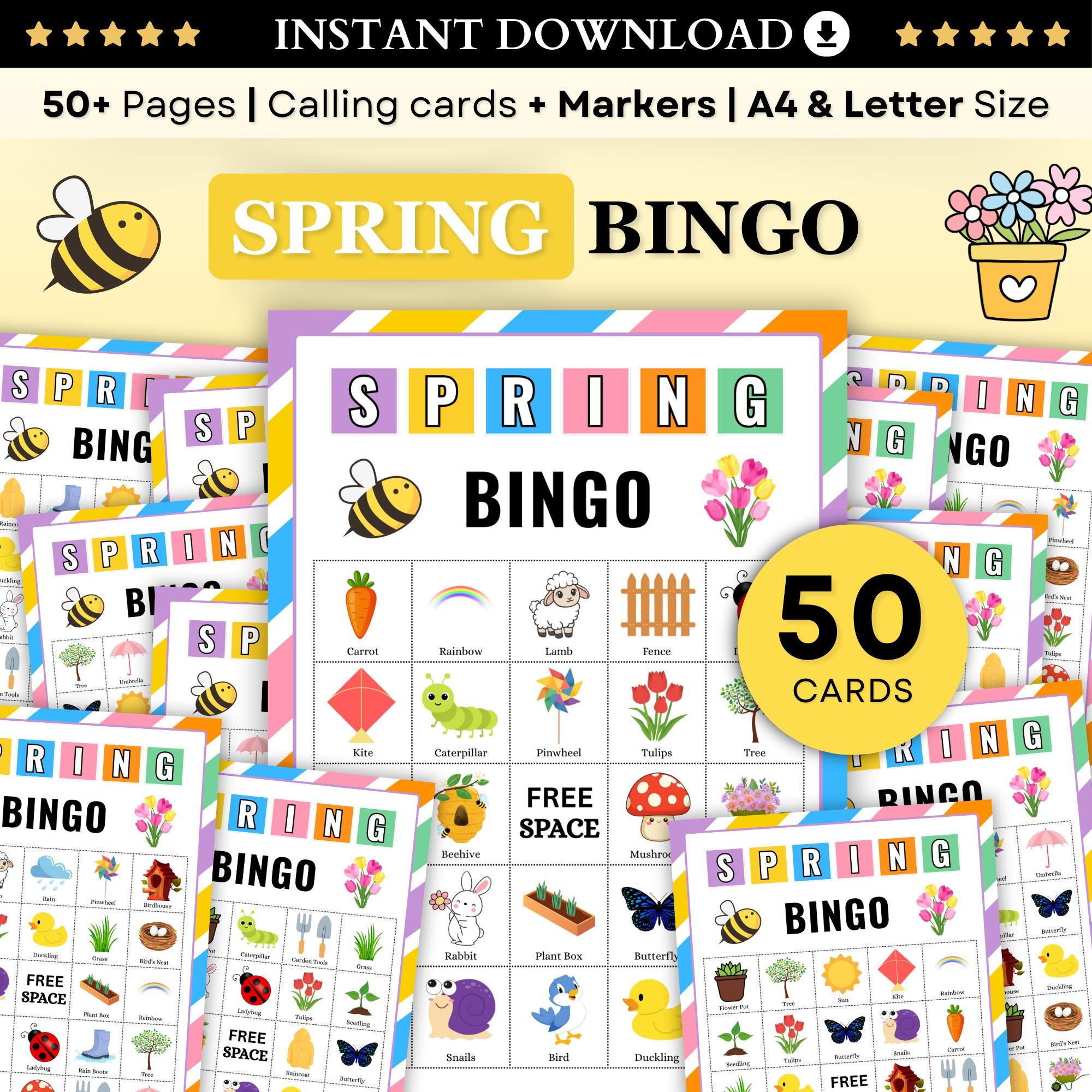 Spring Bingo, 50 Printable Spring Bingo Cards, Spring Party Game ...