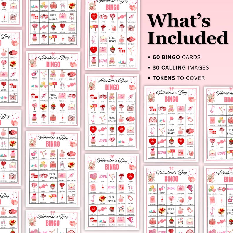 60 Valentines Bingo Game Cards Printable, Valentine's Day Bingo Cards ...