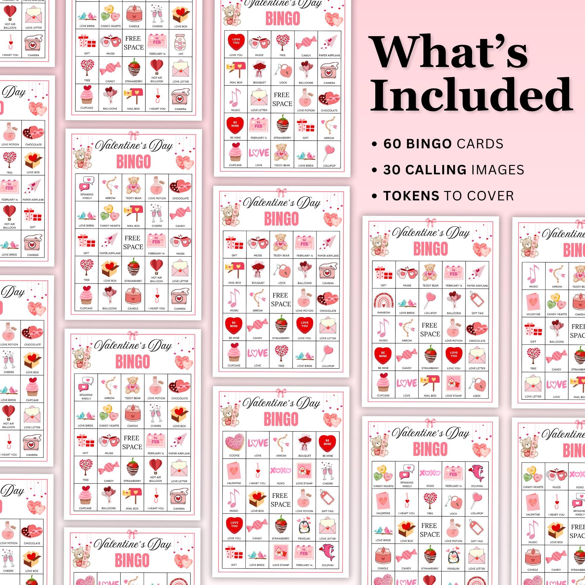 60 Valentines Bingo Game Cards Printable, Valentine's Day Bingo Cards ...