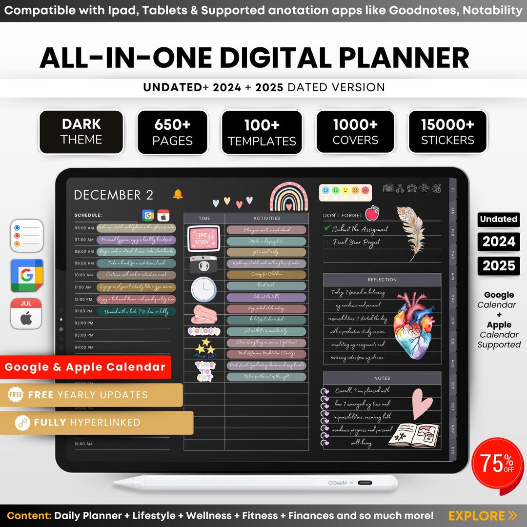 Dark Mode All-in-one Digital Planner 2024, 2025, 2026, Digital Planner ...