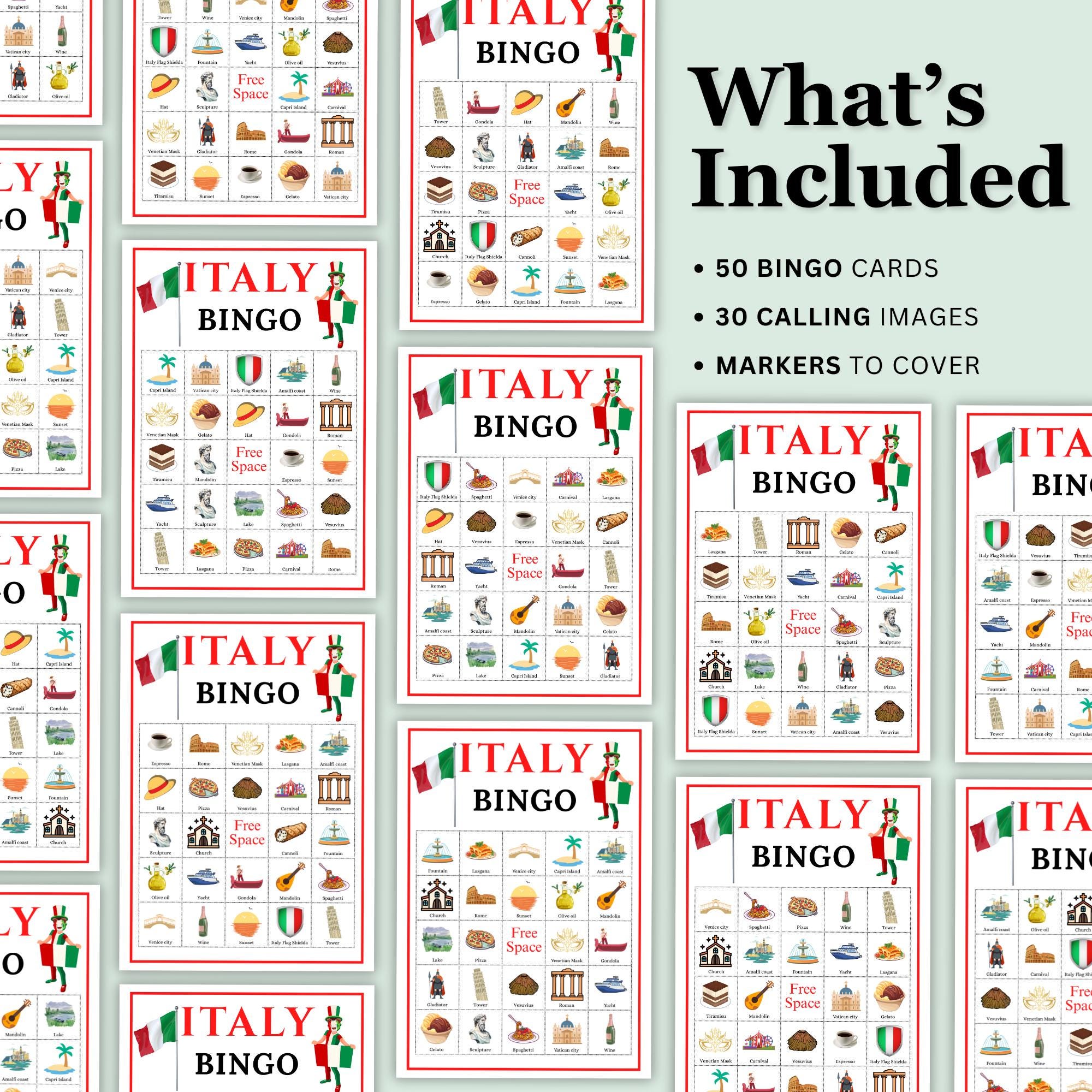 Italy Travel Bingo – 50 Italian Bingo Cards, Travel Game, Italy ...