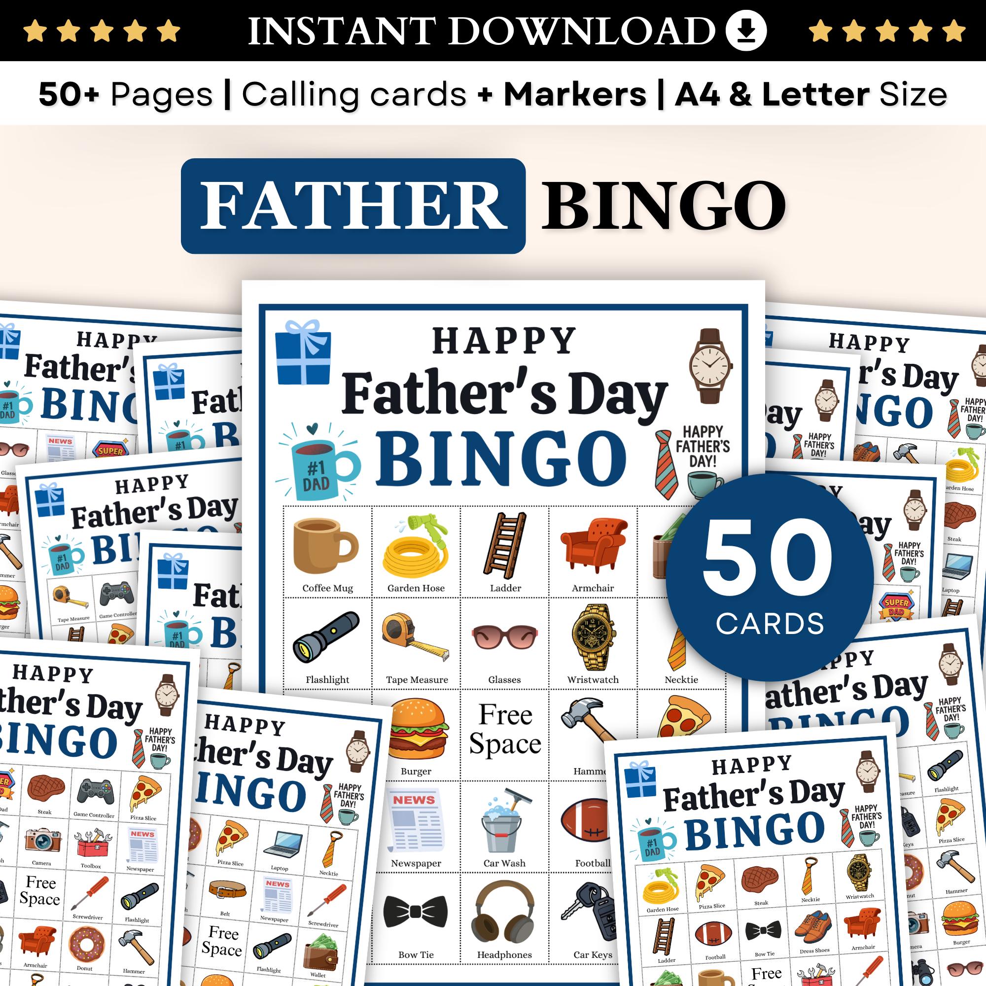 Father’s Day Bingo Game Printable,50 Cards + Calling Cards + Markers ...