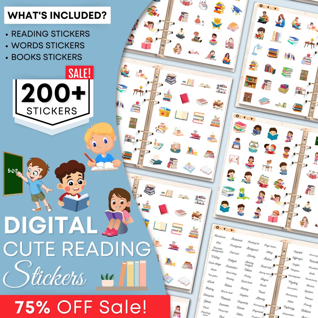 Reading Stickers Digital, Cute Stickers, Book Stickers, Digital ...
