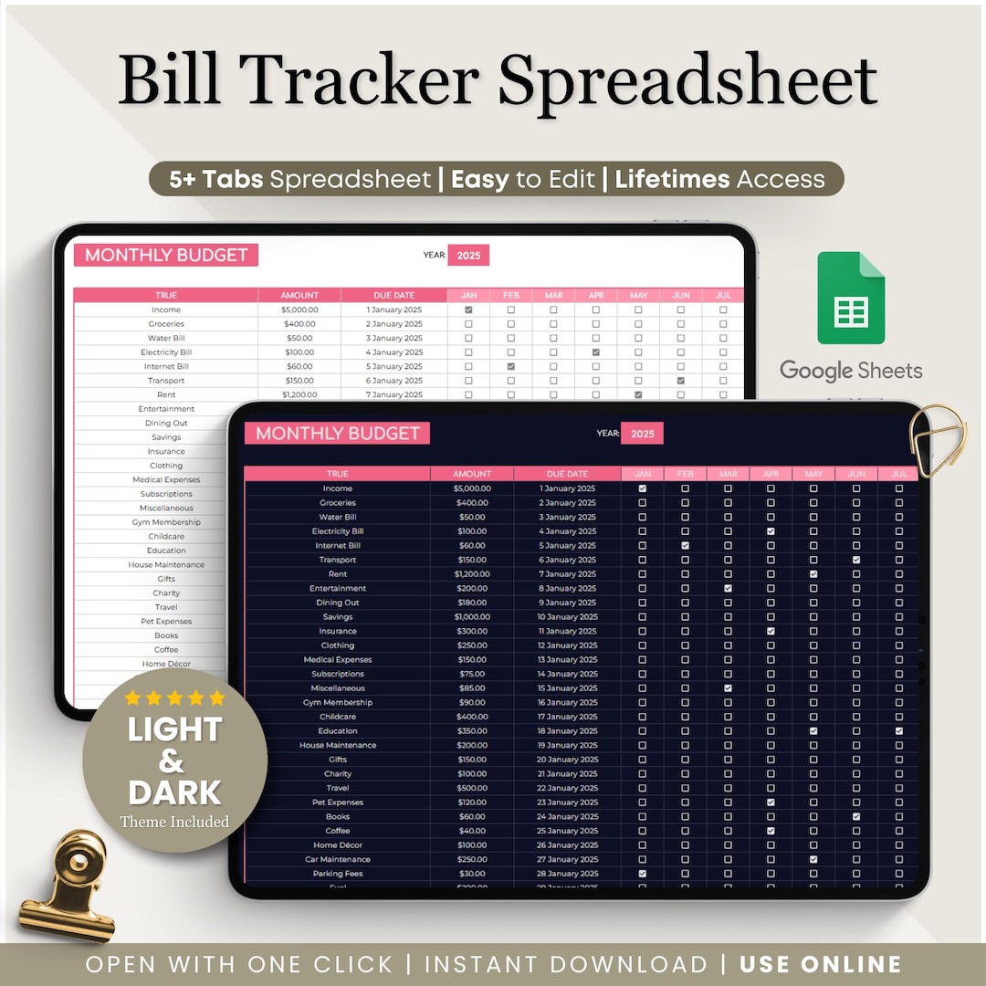 Bill Tracker Spreadsheet | Google Sheets Bill Calendar, Monthly Smart ...