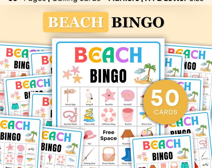 30 Beach Bingo Cards Printable Game, Beach Day Birthday Party Bingo ...