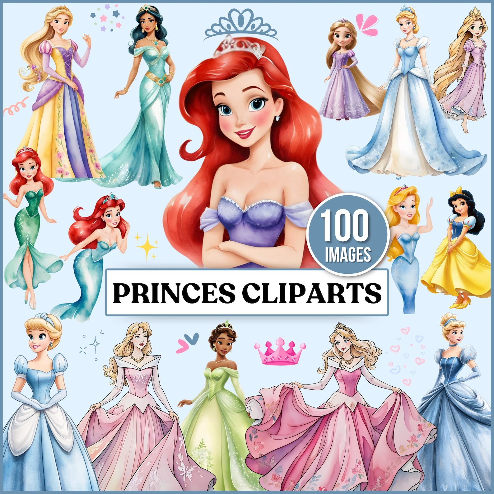 Watercolor Princess Clipart, Unique Hand Drawn Princess Graphics ...