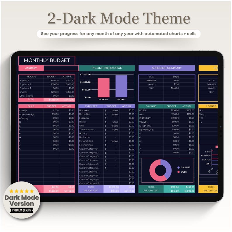 Monthly Budget Spreadsheet | Light & Dark Palette | Simple Annual ...