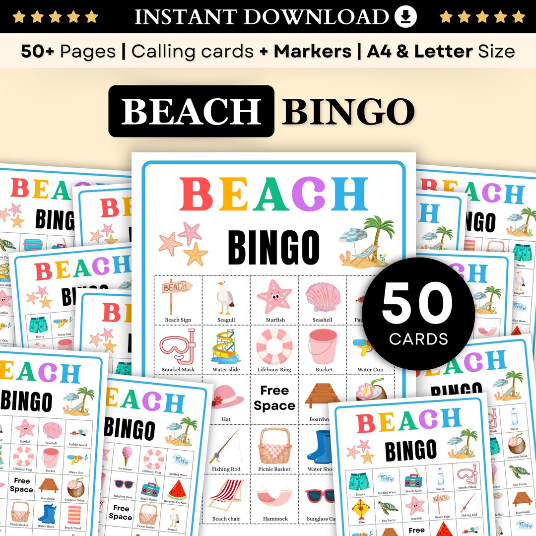 Beach Bingo, 50 Printable Beach Day Bingo Cards, Kids Printable, Summer ...
