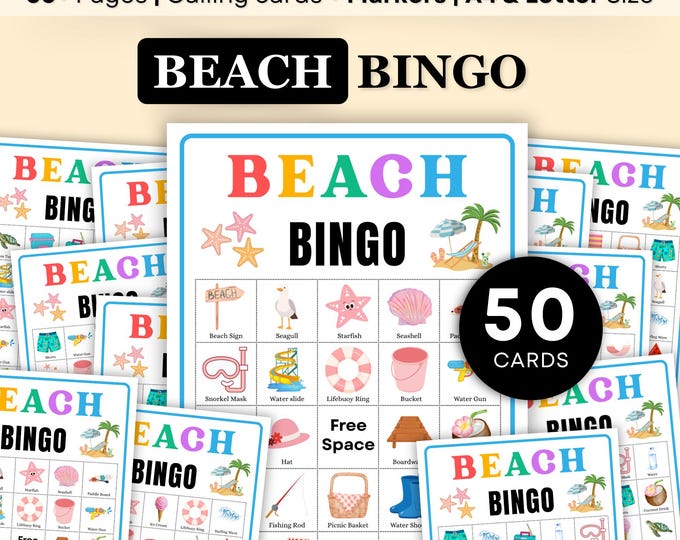 30 Beach Bingo Cards Printable Game, Beach Day Birthday Party Bingo ...