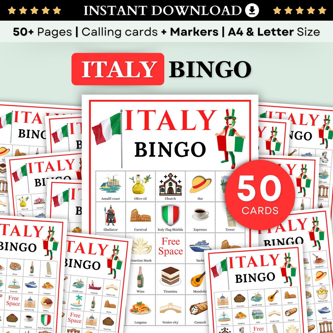 Italy Travel Bingo – 50 Italian Bingo Cards, Travel Game, Italy ...