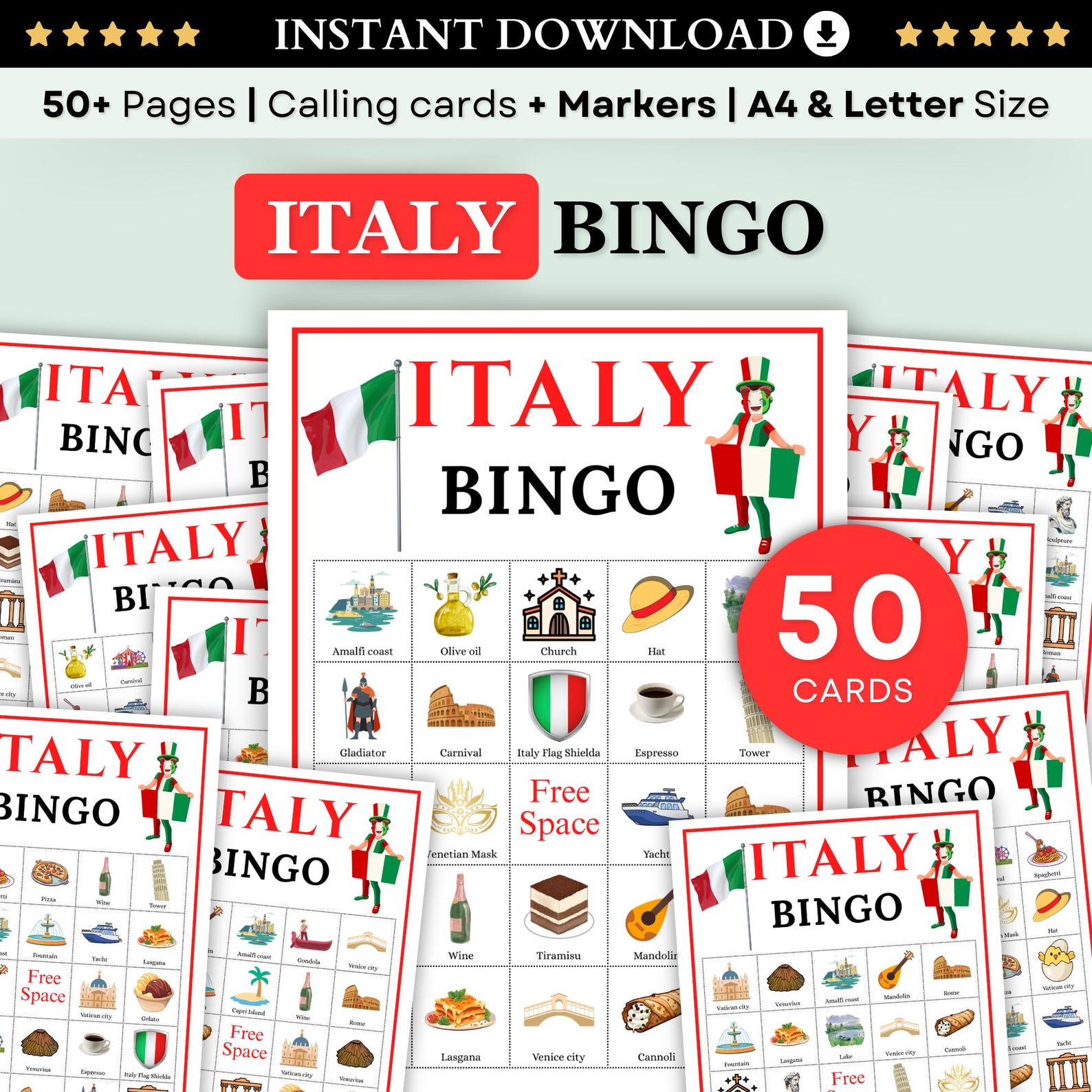 Italy Travel Bingo – 50 Italian Bingo Cards, Travel Game, Italy ...