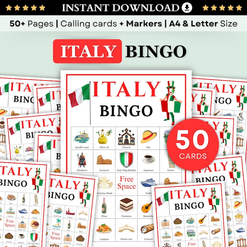 Italy Travel Bingo – 50 Italian Bingo Cards, Travel Game, Italy ...