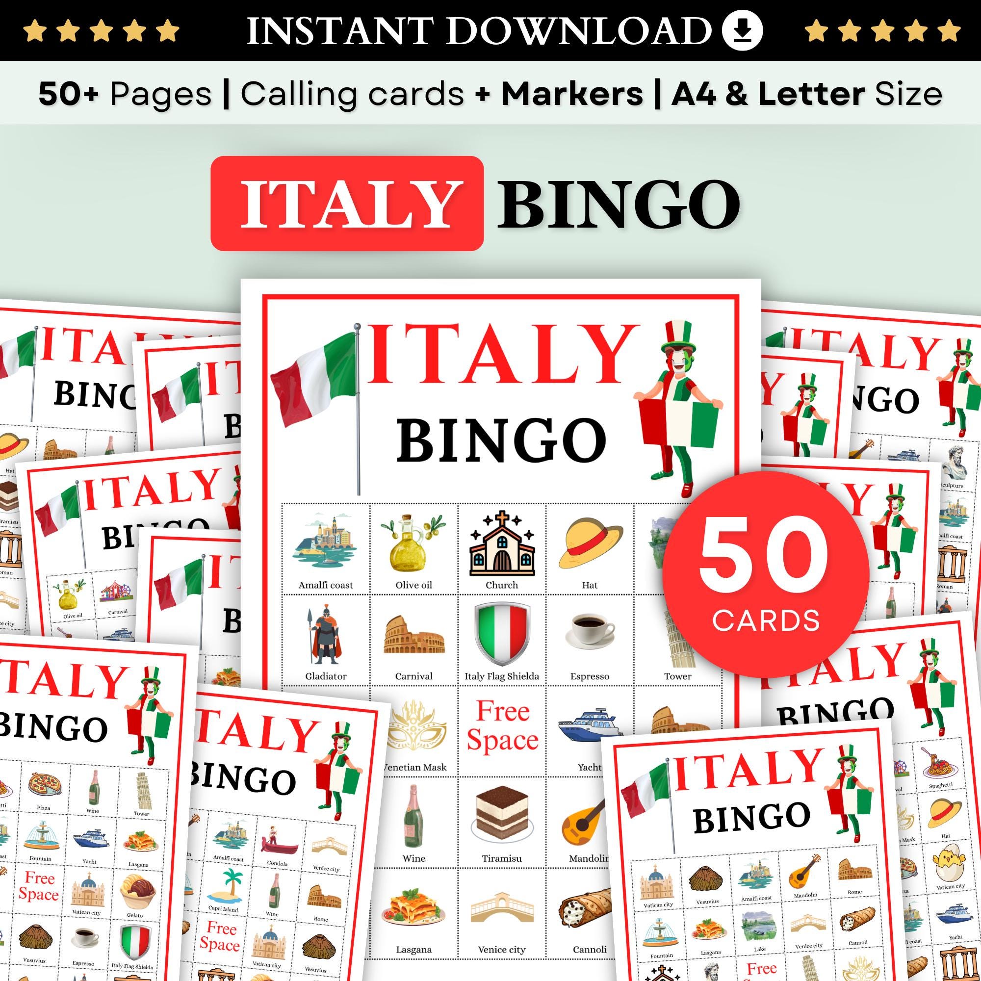 Italy Travel Bingo – 50 Italian Bingo Cards, Travel Game, Italy ...