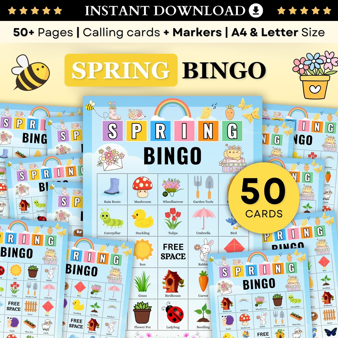 Spring Bingo, 50 Printable Spring Bingo Cards, Spring Party Game ...