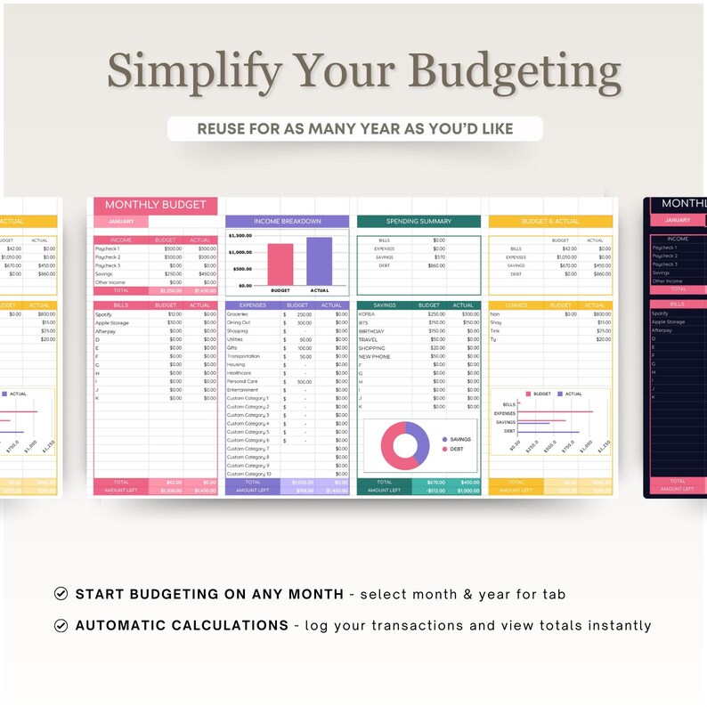 Monthly Budget Spreadsheet | Light & Dark Palette | Simple Annual ...