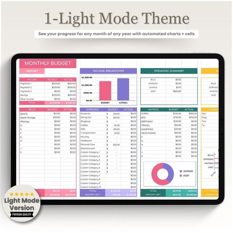 Monthly Budget Spreadsheet | Light & Dark Palette | Simple Annual ...