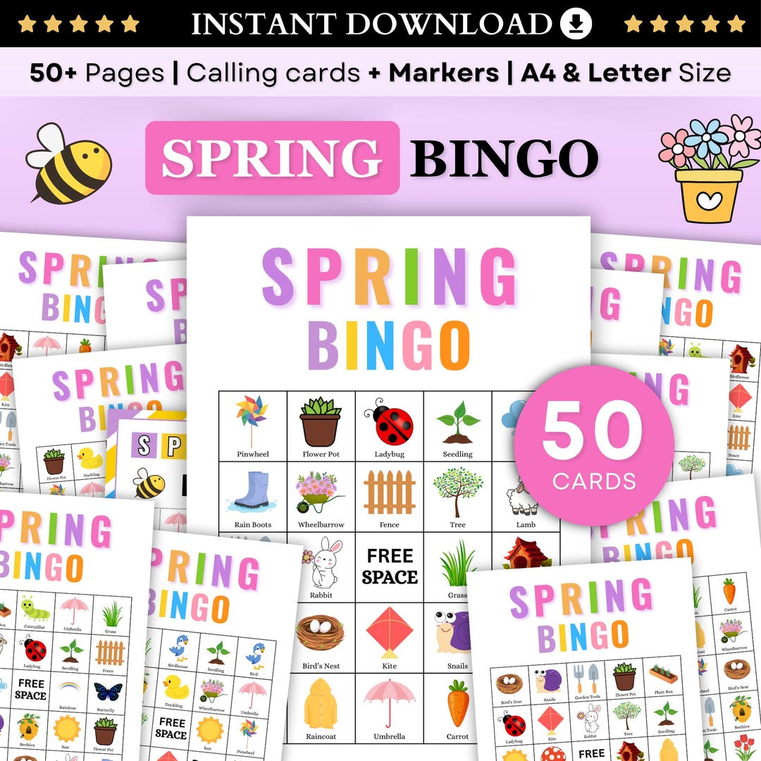 Spring Bingo, 50 Printable Spring Bingo Cards, Spring Party Game ...