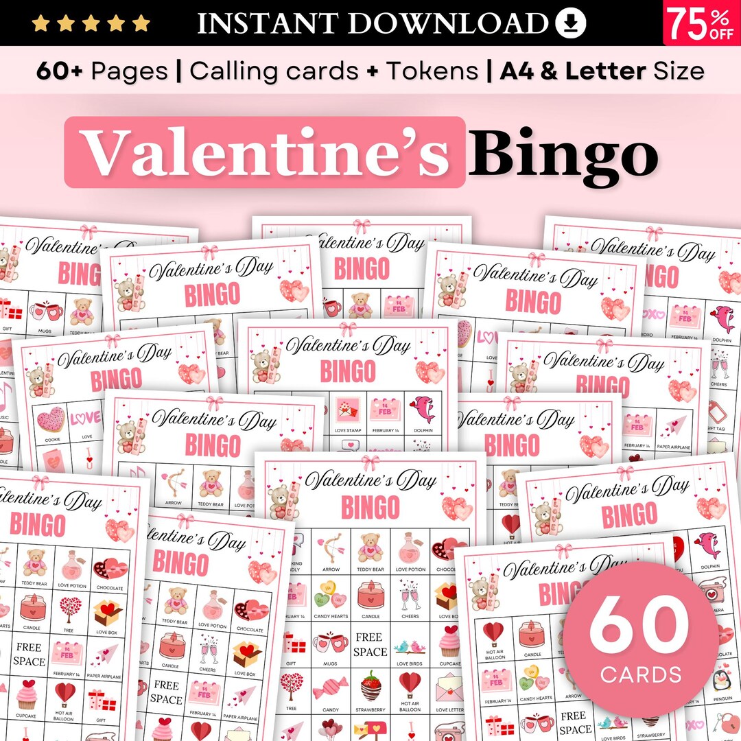 60 Valentines Bingo Game Cards Printable, Valentine's Day Bingo Cards ...