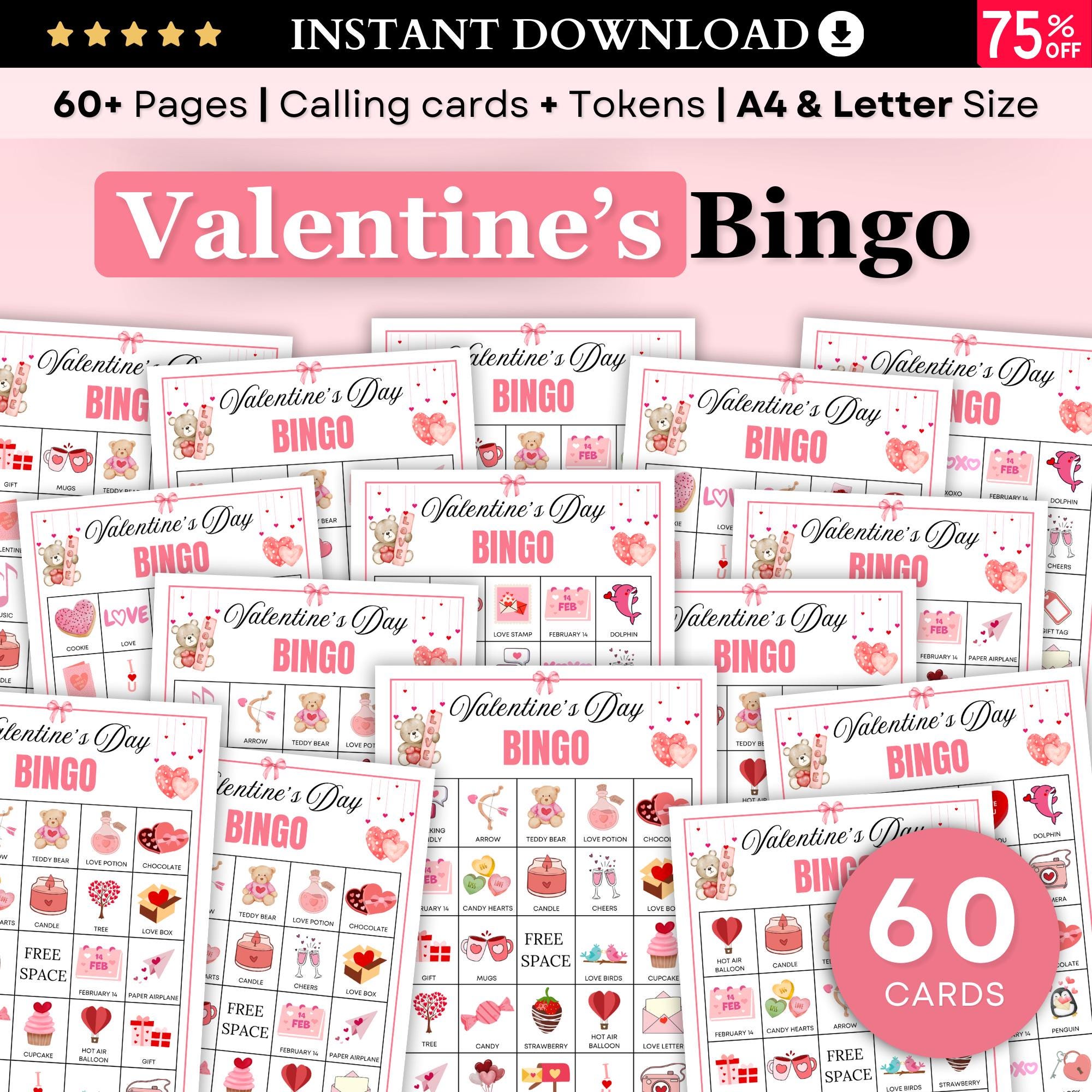 60 Valentines Bingo Game Cards Printable, Valentine's Day Bingo Cards ...