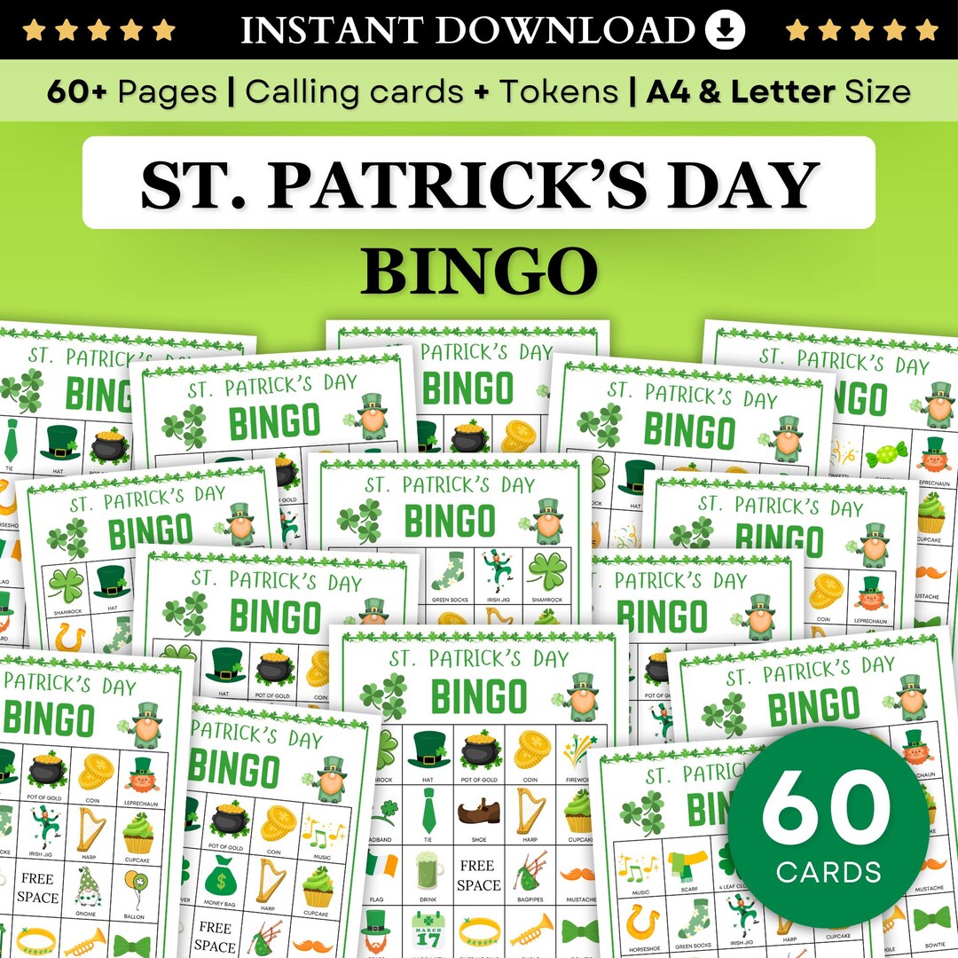 St. Patrick's Day Bingo, 60 St. Patrick's Bingo Cards, St. Patrick's ...