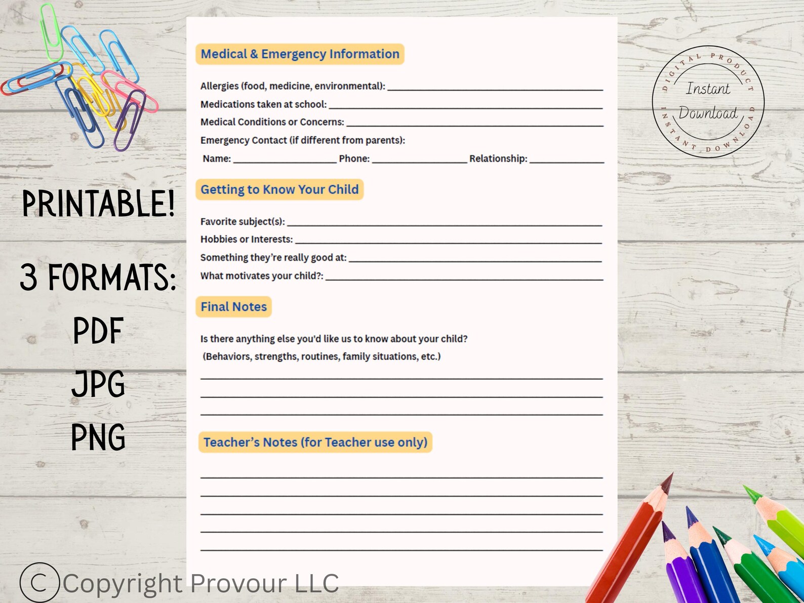 Student Information Sheet Printable – Back to School & Summer School ...