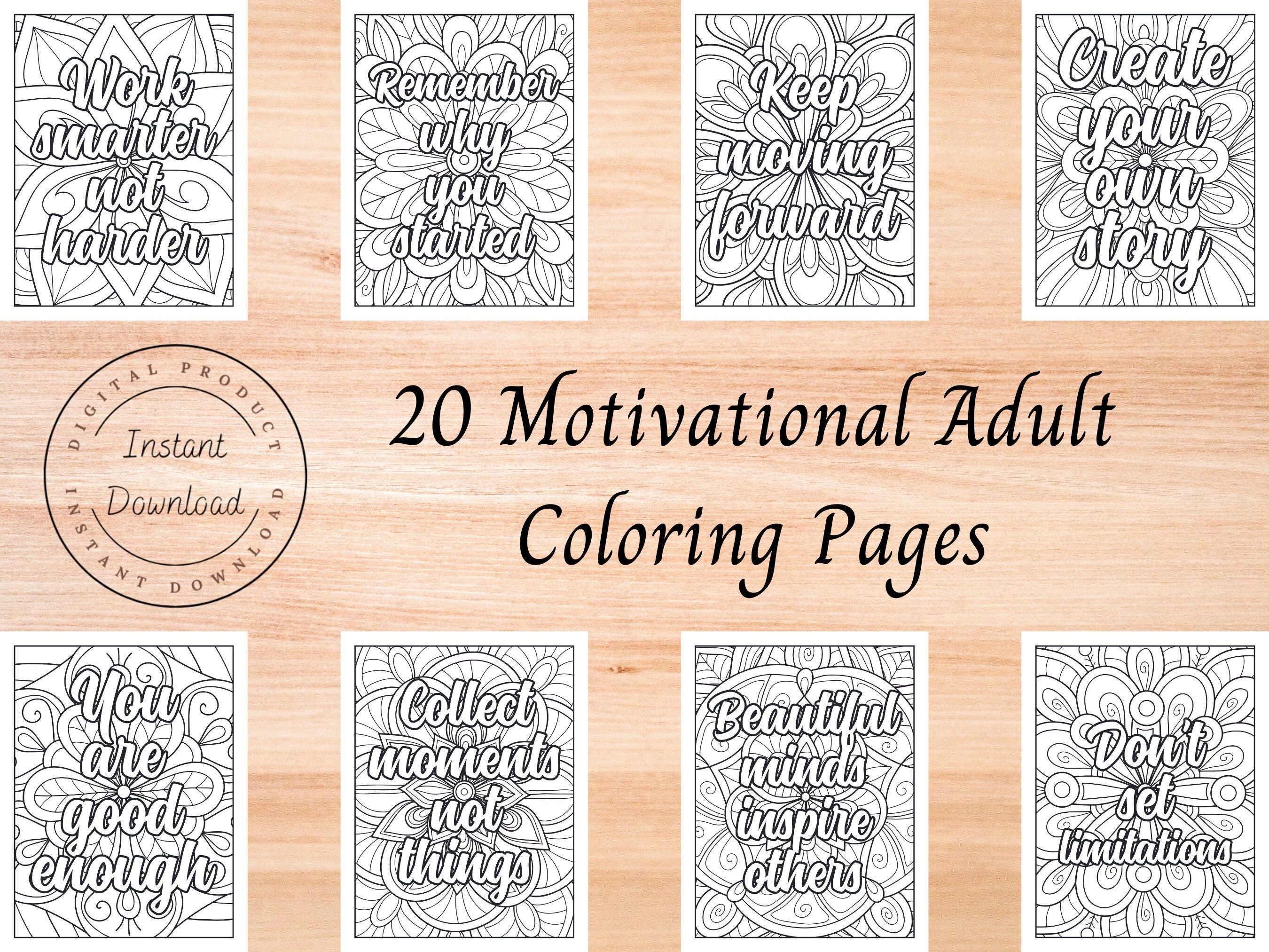 Motivational Adult Coloring Pages, Set of 20, Inspirational Quote ...