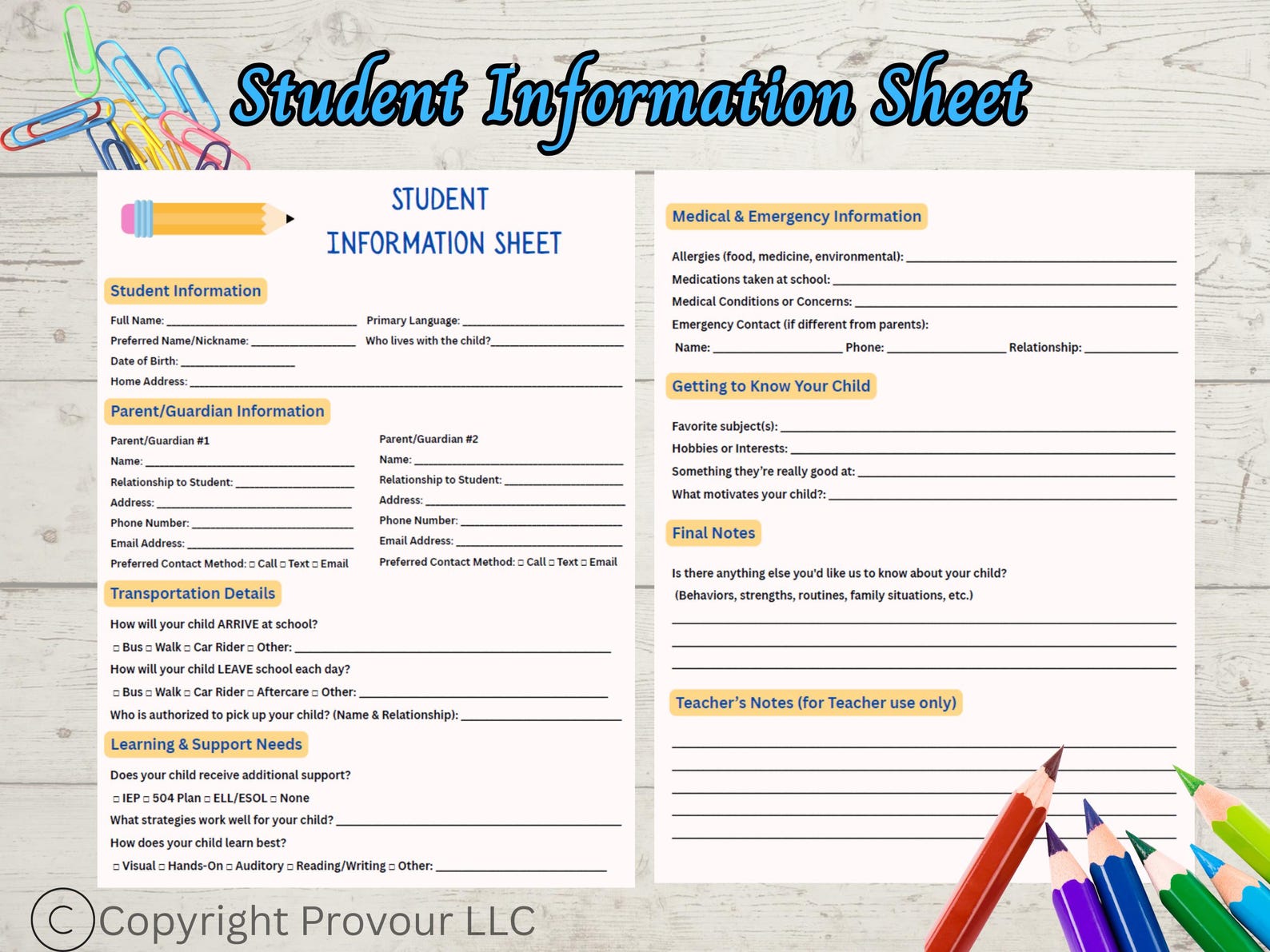 Student Information Sheet Printable – Back to School & Summer School ...