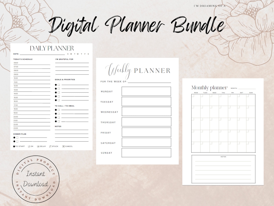 Undated Digital Planner Bundle - Daily, Weekly, and Monthly Planner ...
