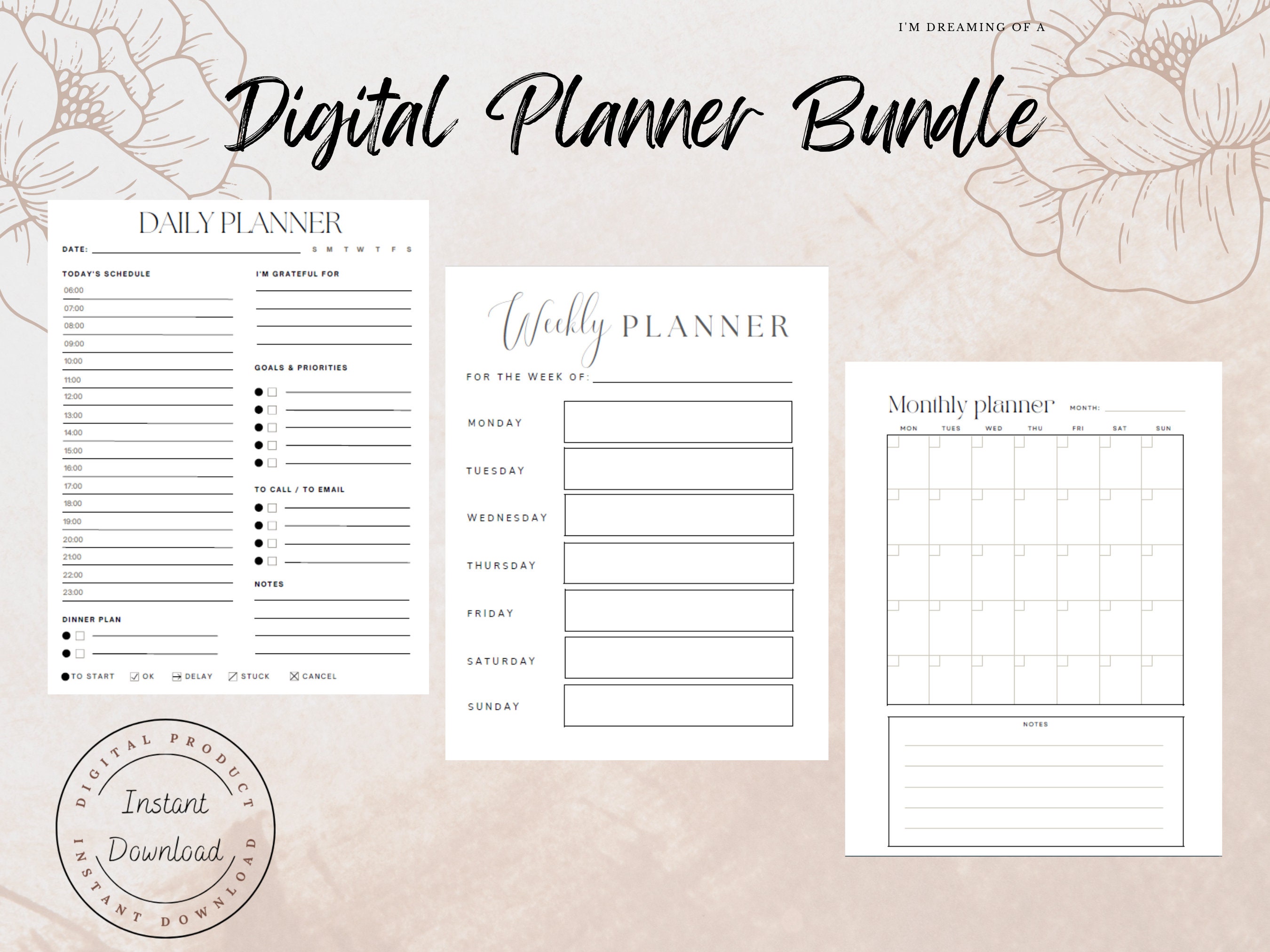 Undated Digital Planner Bundle - Daily, Weekly, and Monthly Planner ...