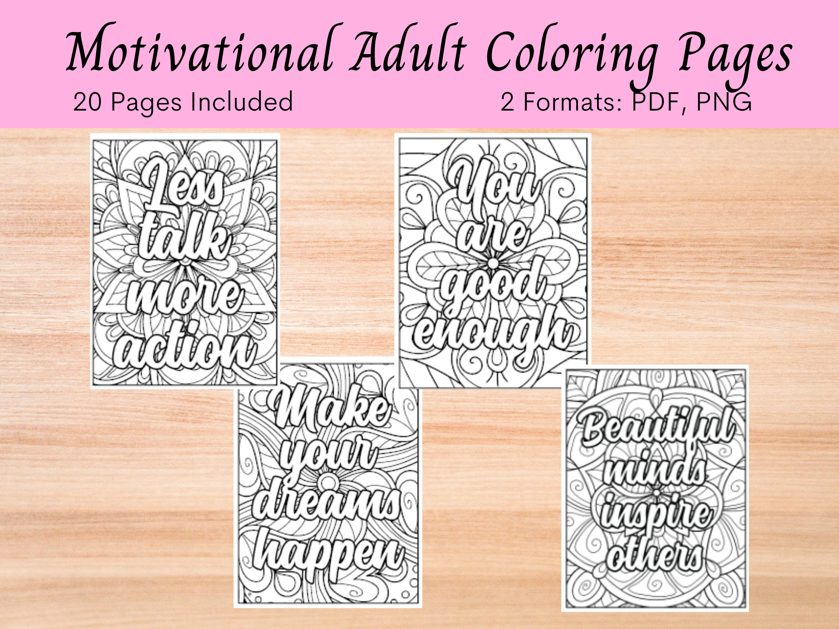 Motivational Adult Coloring Pages, Set of 20, Inspirational Quote ...