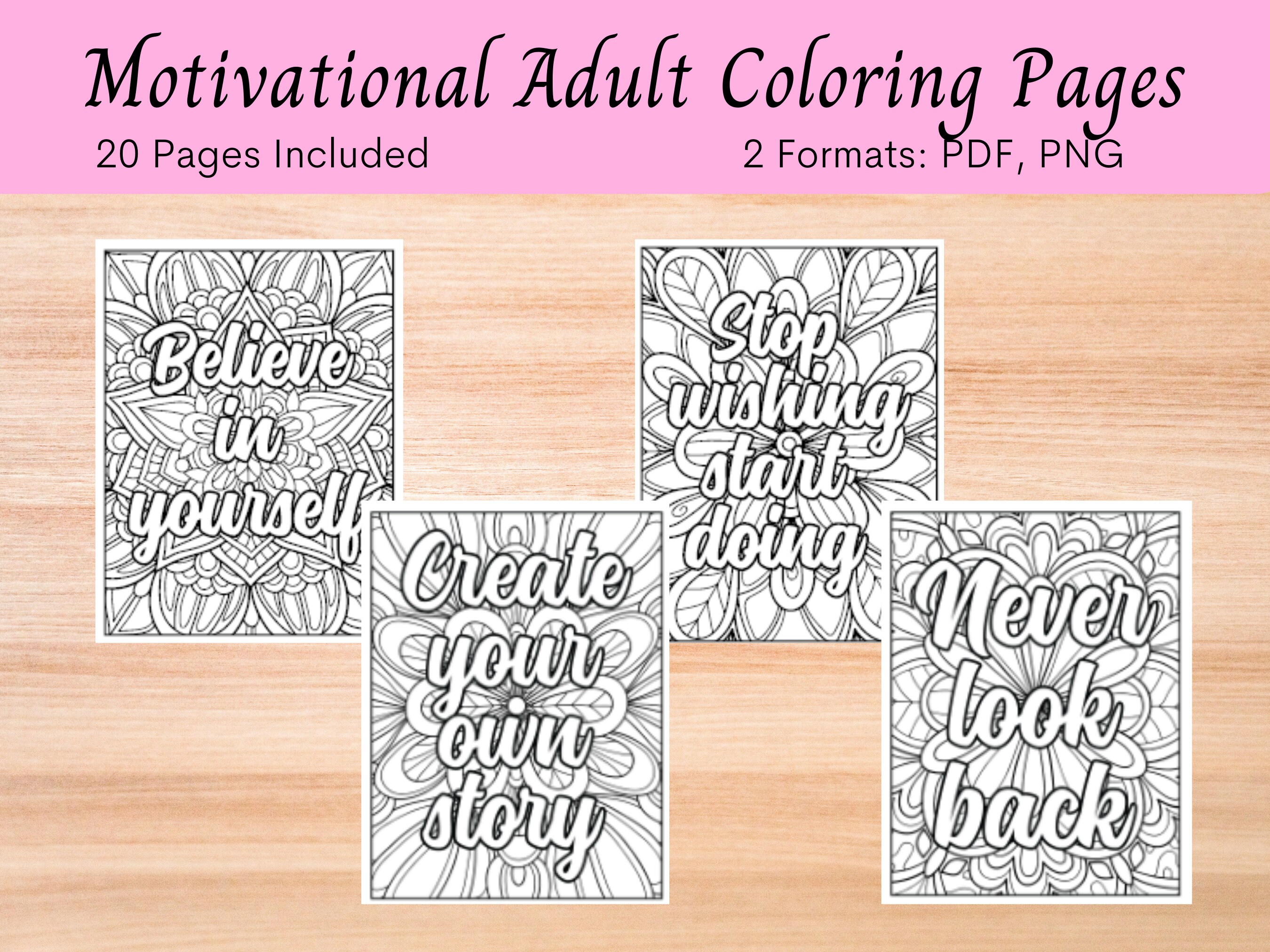 Motivational Adult Coloring Pages, Set of 20, Inspirational Quote ...
