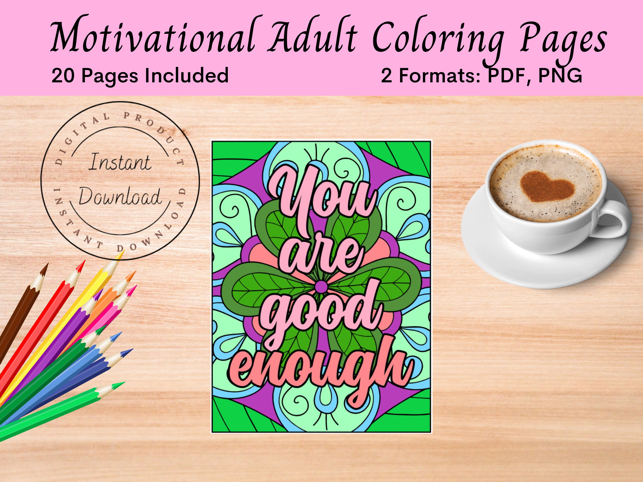 Motivational Adult Coloring Pages, Set of 20, Inspirational Quote ...