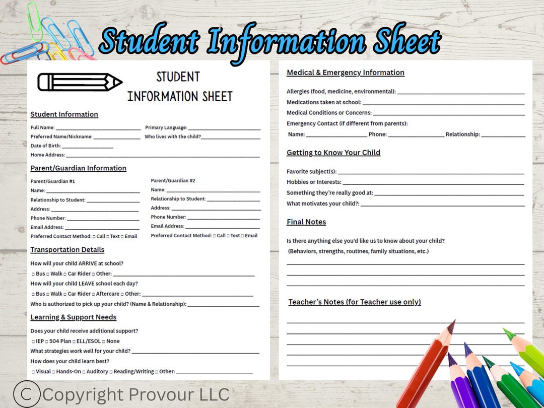 Black & White Student Information Sheet – Minimalist Printable for ...