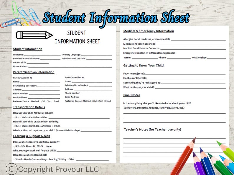 Black & White Student Information Sheet – Minimalist Printable for ...