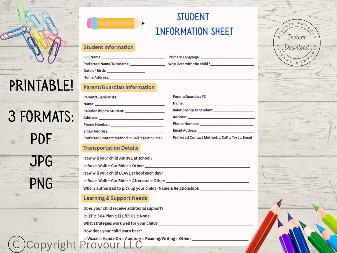 Student Information Sheet Printable – Back to School & Summer School ...