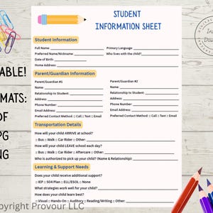 Student Information Sheet Printable – Back to School & Summer School ...