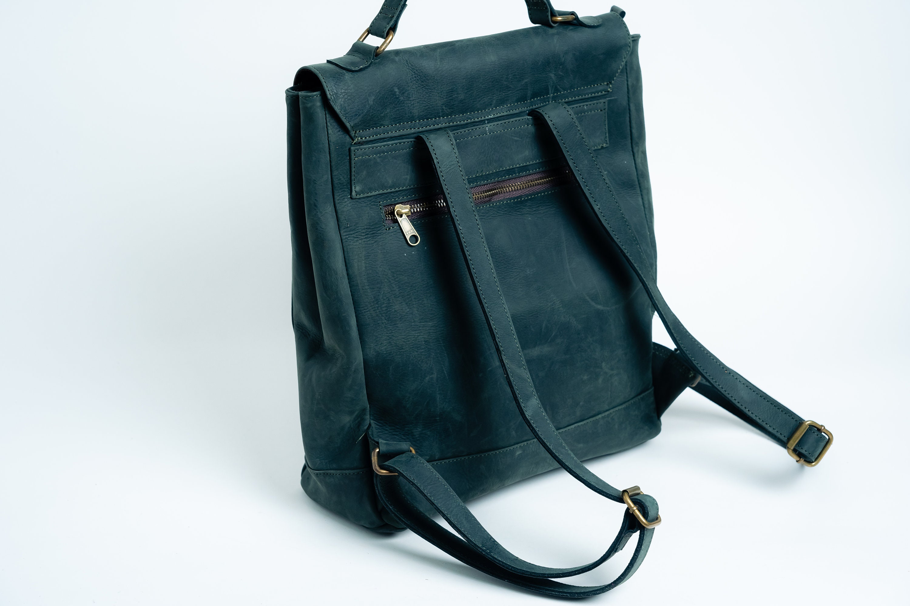 Navy Moss Leather Backpack, Leather Backpack, Rucksack, Men Leather ...