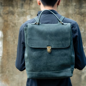 Navy Moss Leather Backpack, Leather Backpack, Rucksack, Men Leather ...