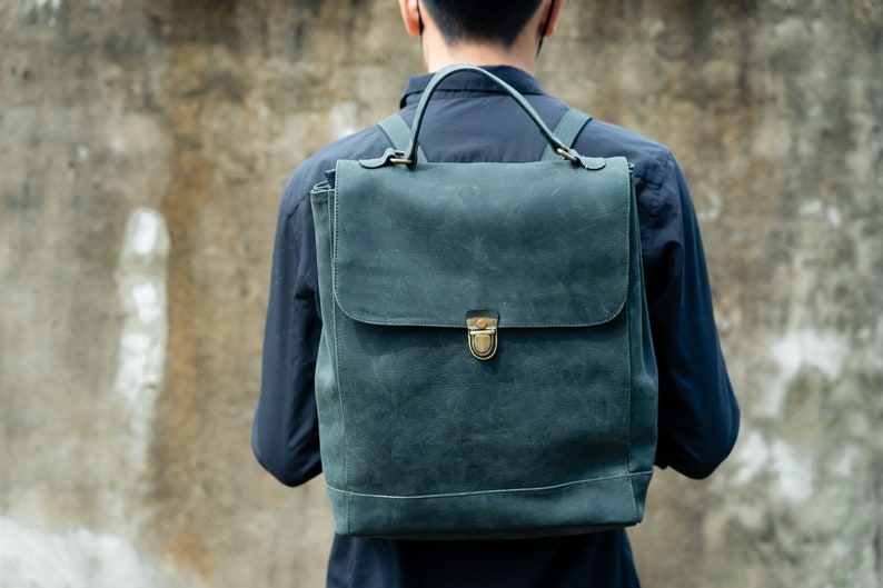 Navy Moss Leather Backpack, Leather Backpack, Rucksack, Men Leather ...