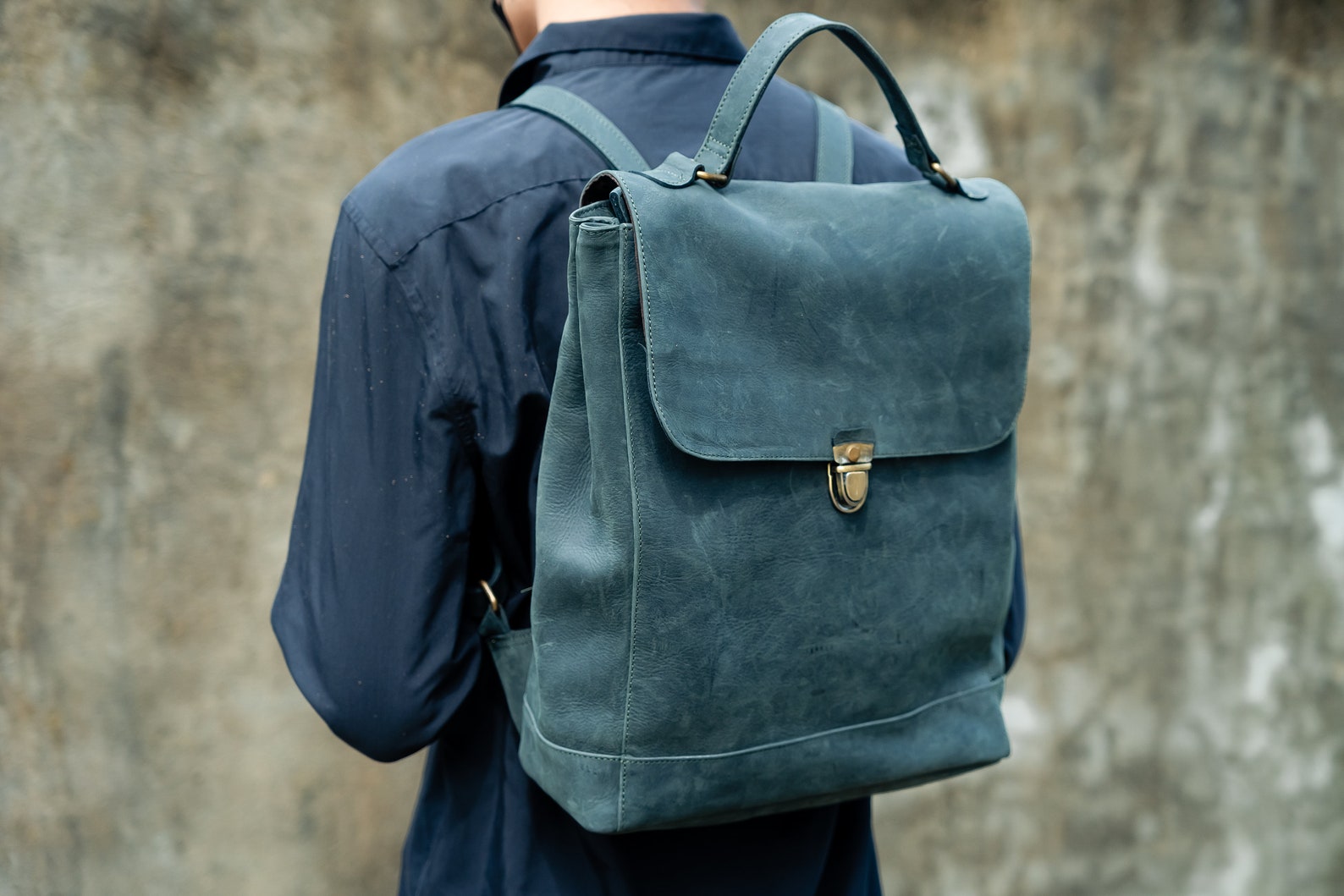 Navy Moss Leather Backpack, Leather Backpack, Rucksack, Men Leather ...