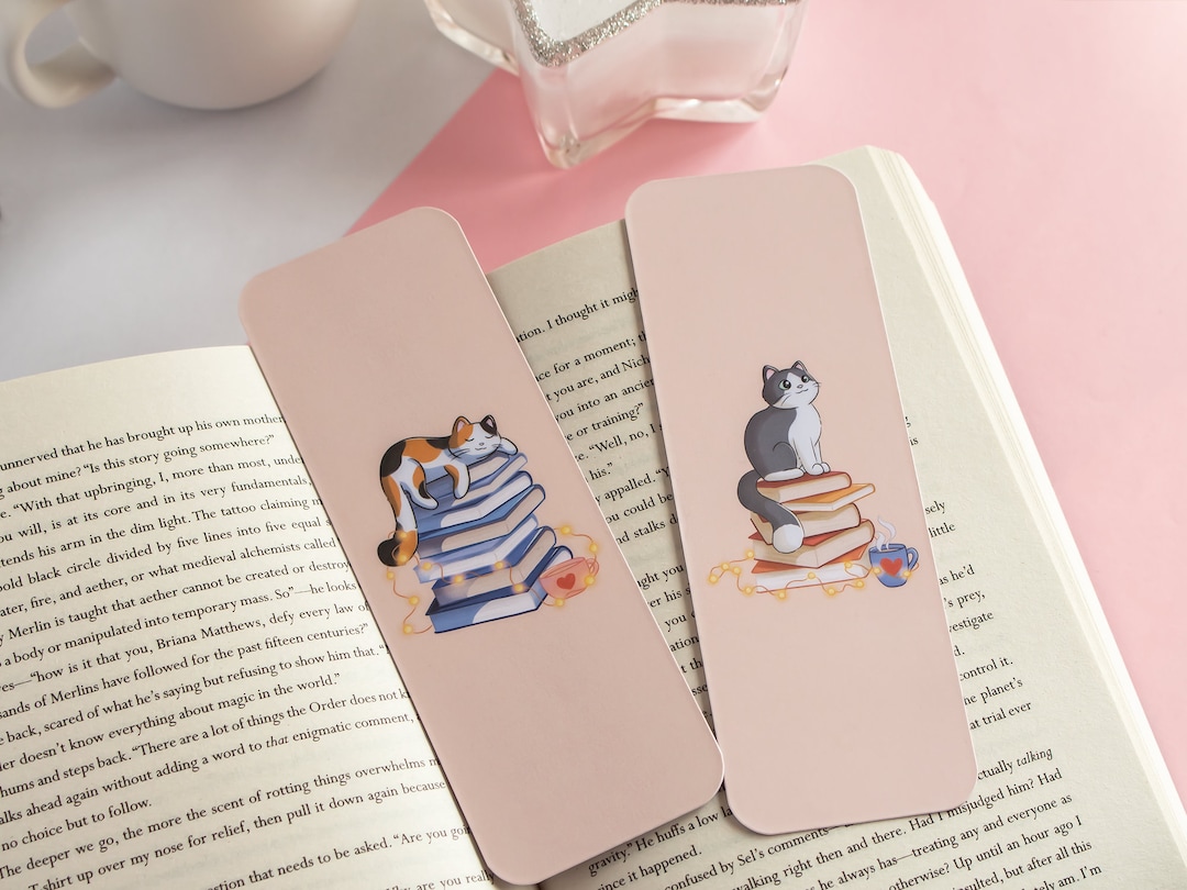 Cat on Books Bookmark - Cat and Coffee Bookmark - Cute Stationery ...