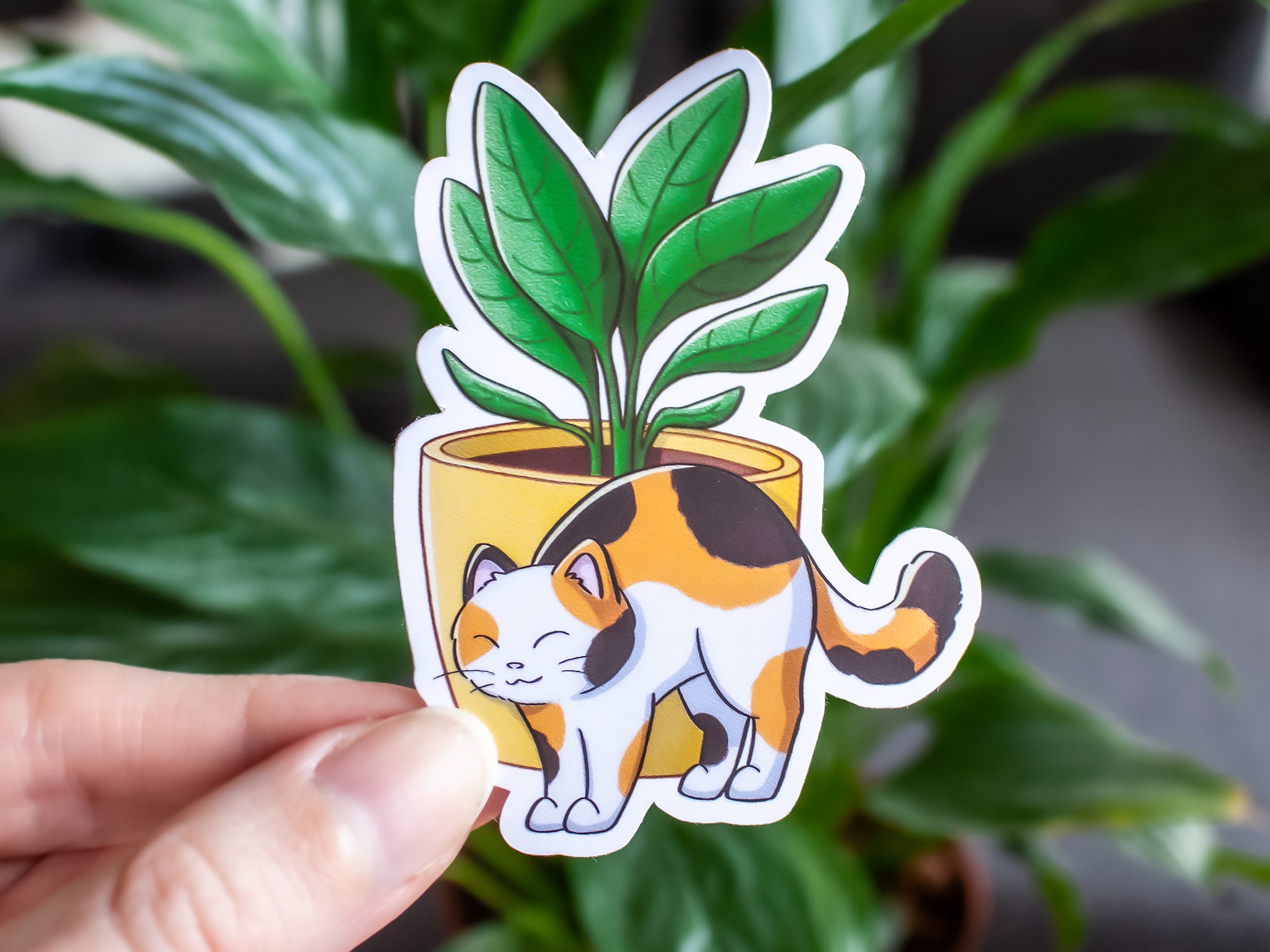 Cute Cat Sticker - Calico Cat and Plant Sticker - Laptop Stickers ...