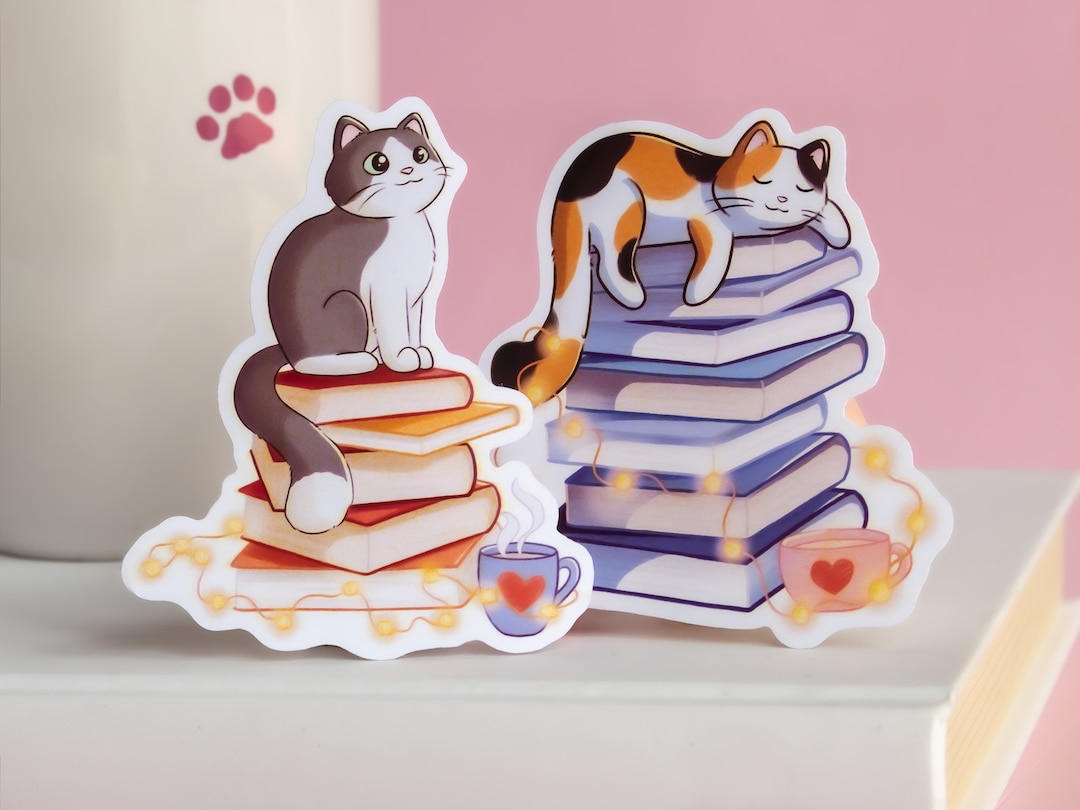 Cute Cats on Books Sticker Pack - Laptop Stickers - Gift for Cat and ...