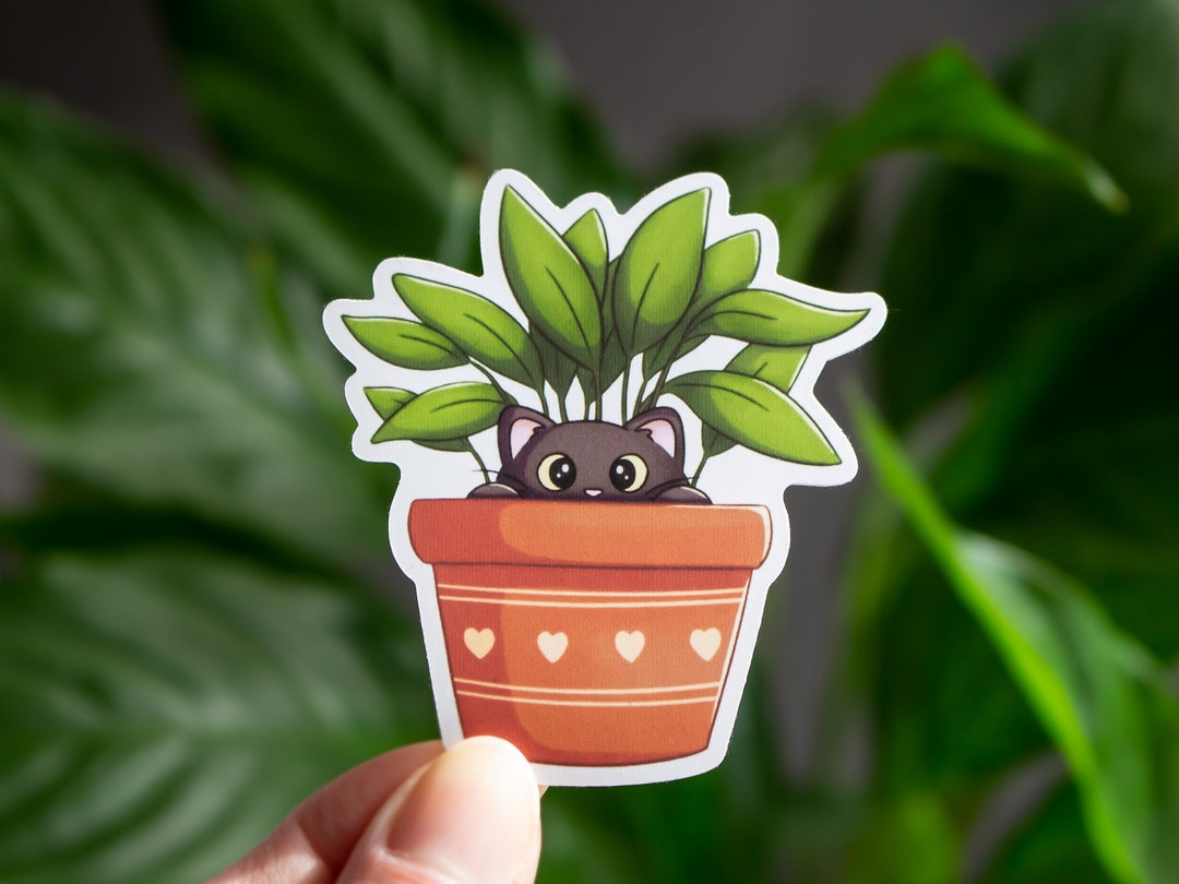 Cat in A Pot Sticker - Cute Cat and Plant Sticker - Water Bottle ...