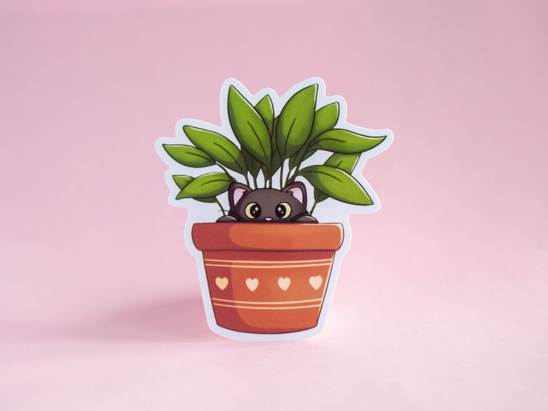 Cat in A Pot Sticker - Cute Cat and Plant Sticker - Water Bottle ...