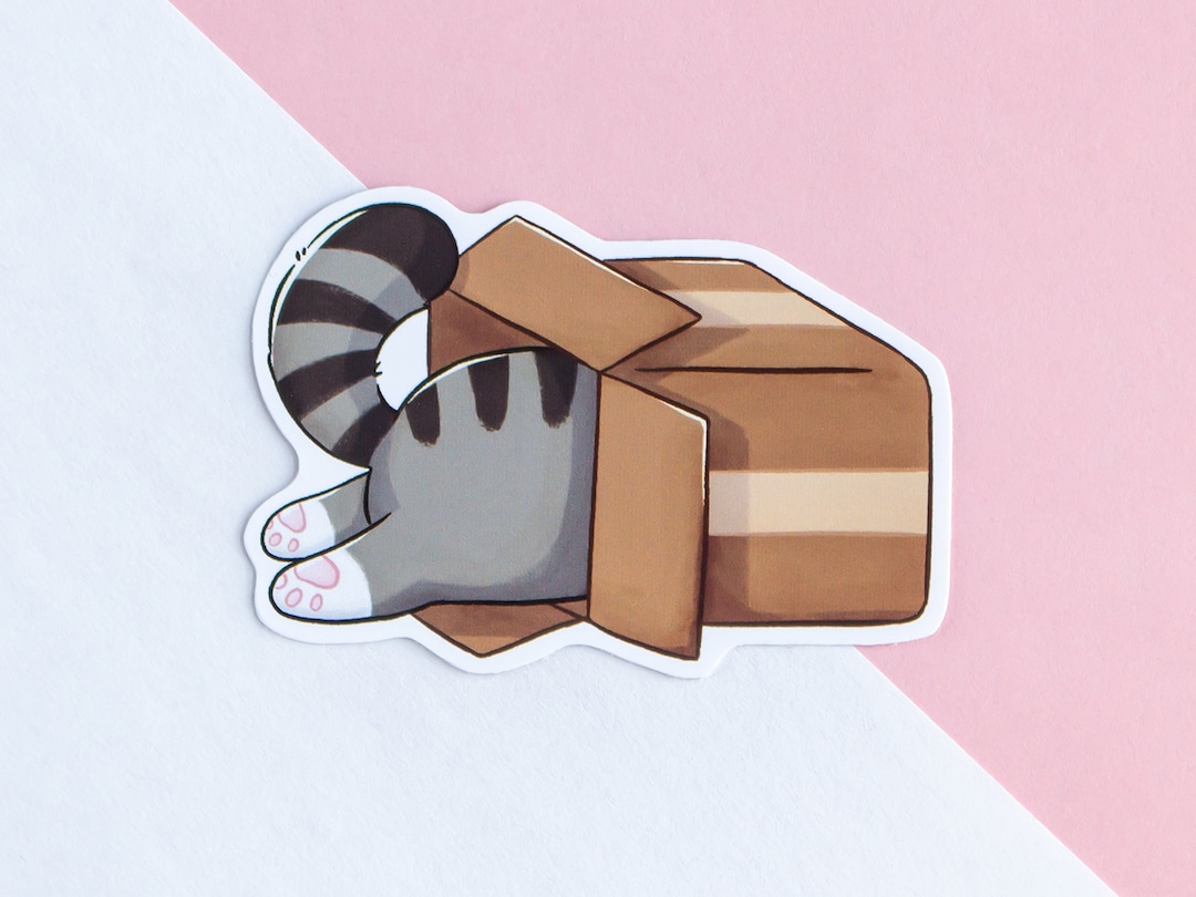 Cute Cat in Box - Cat Sticker - Tabby Cat Sticker - Funny Gray Cat ...