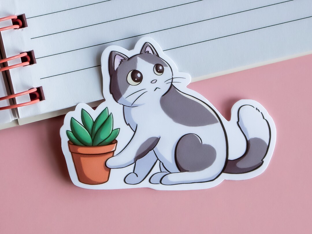 Cute Cat Sticker - Cat Kicking Down Plant Sticker - Laptop Stickers ...