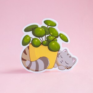Cute Cat With Pilea Sticker - Cute Cat and Plant Sticker - Laptop ...