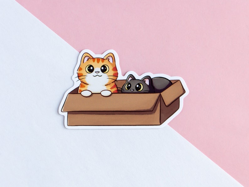 Cute Cats in Box - Black Cat Sticker - Orange Cat Sticker - Kawaii ...